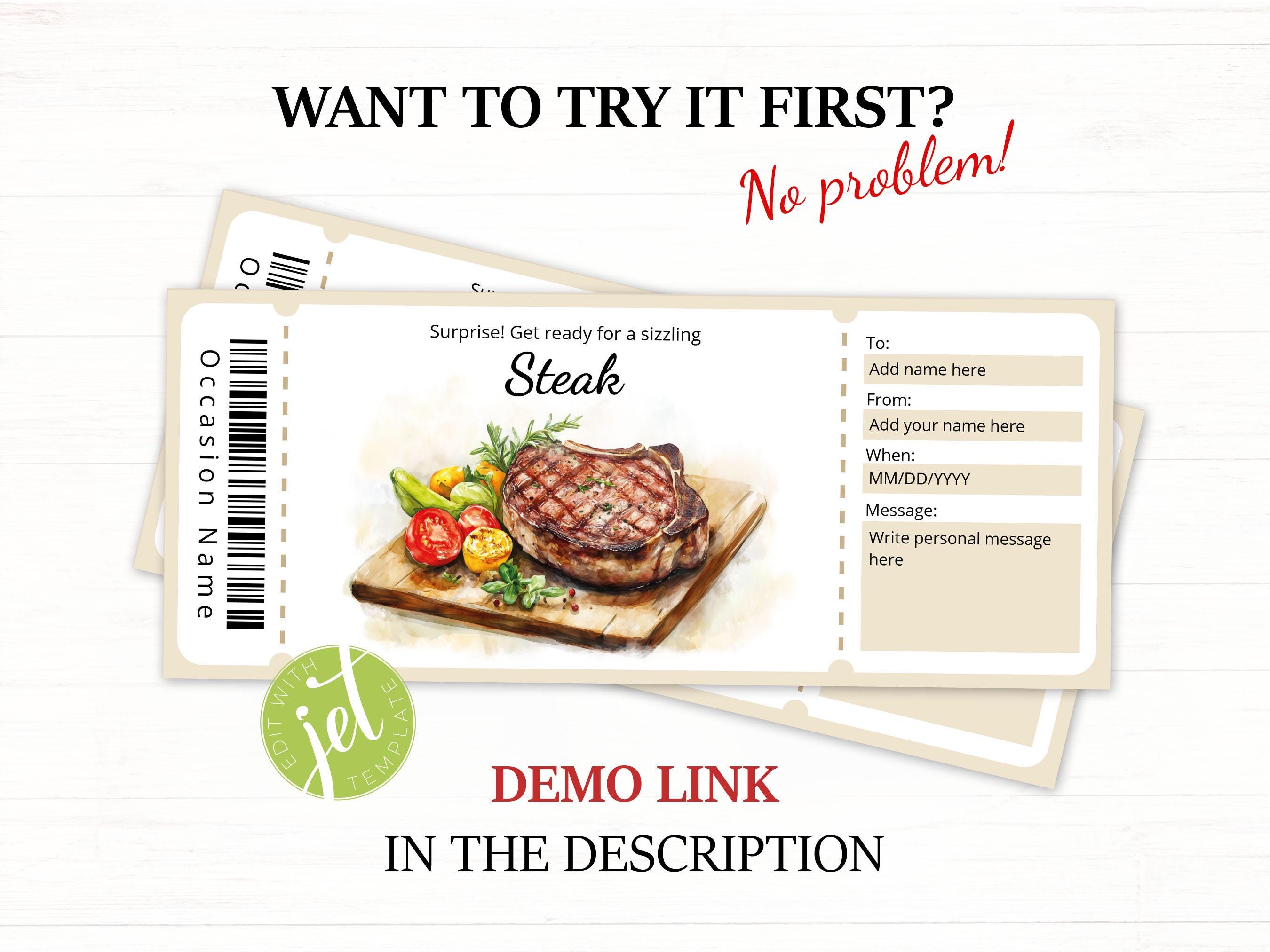 Editable Steak Night Out Gift Certificate Template, Printable Steak ...