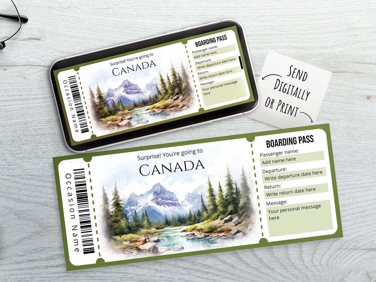 Editable Canada Boarding Pass Template, Watercolor Surprise Canada Trip ...