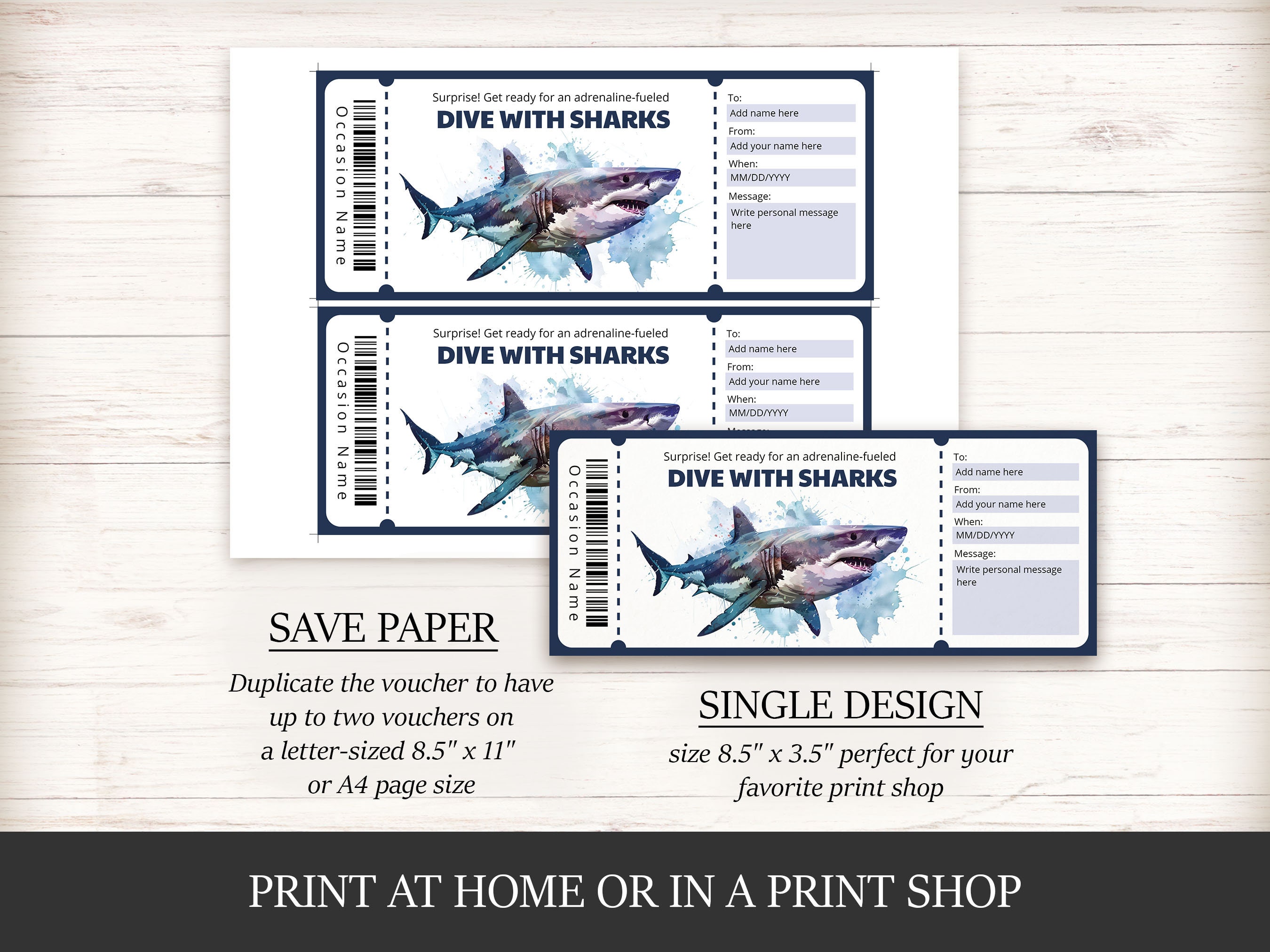 Editable Dive With Sharks Ticket Gift Certificate Template, Surprise ...