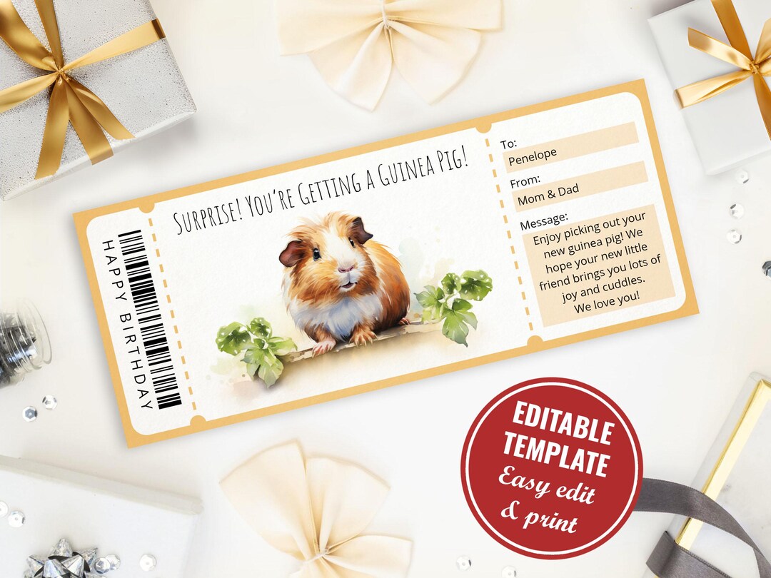 Editable Guinea Pig Gift Certificate Template, Personalized Printable ...
