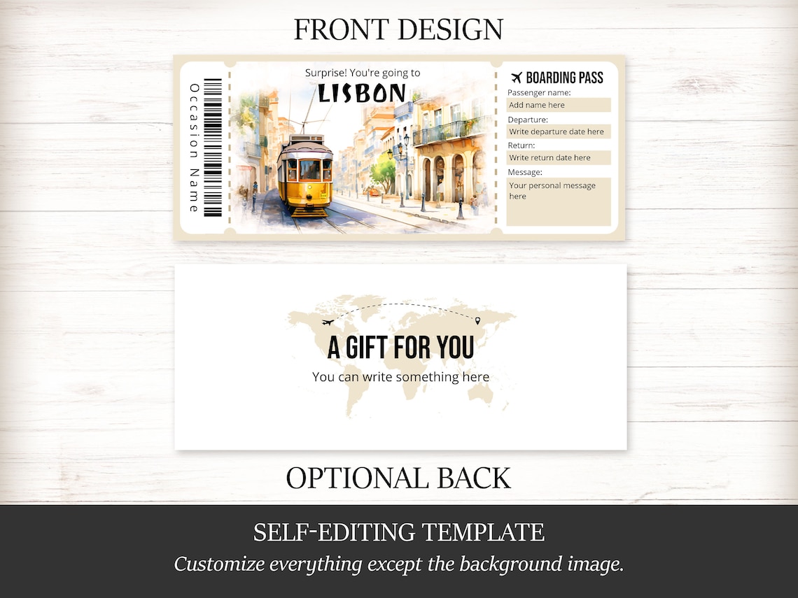 Editable Lisbon Boarding Pass Template, Personalized Gift Printable ...