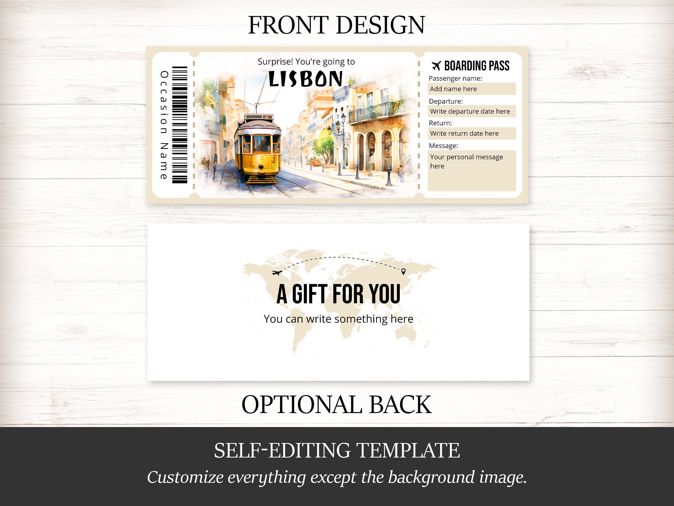 Editable Lisbon Boarding Pass Template, Personalized Gift Printable ...