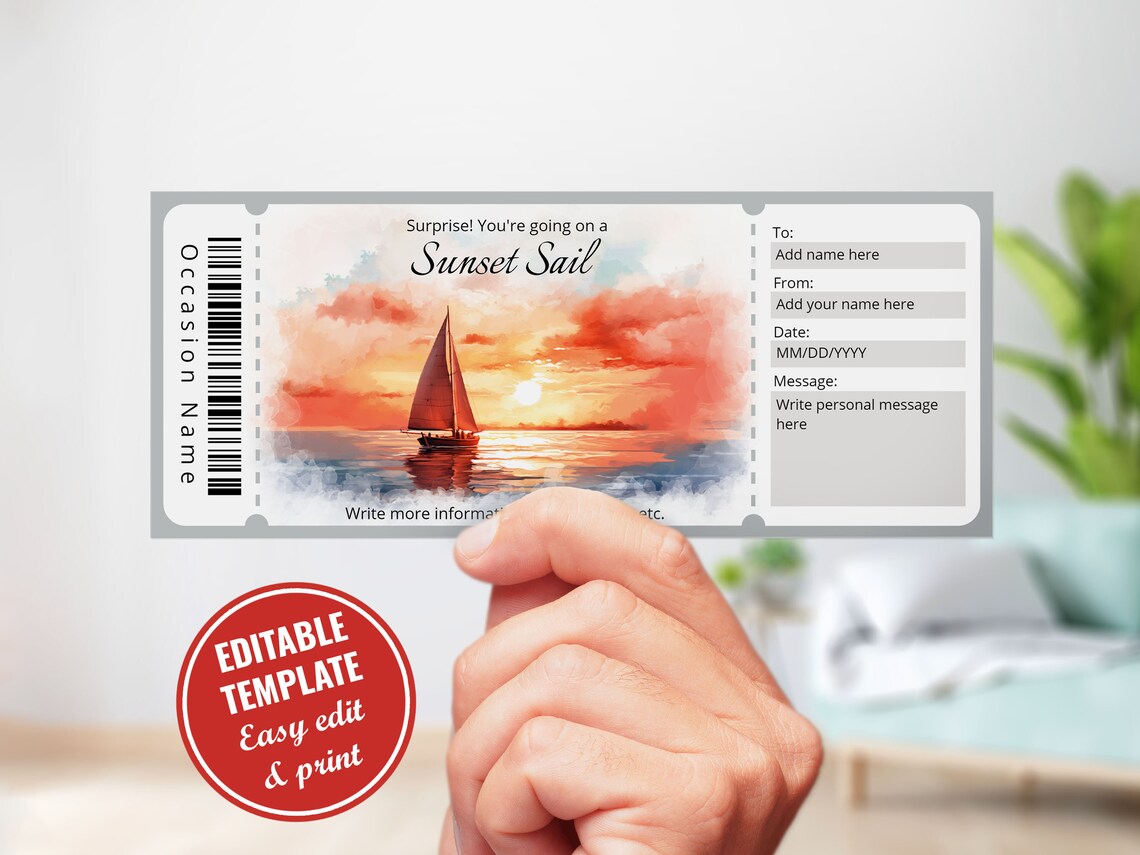 Editable Watercolor Sunset Sailing Ticket Template Surprise - Etsy