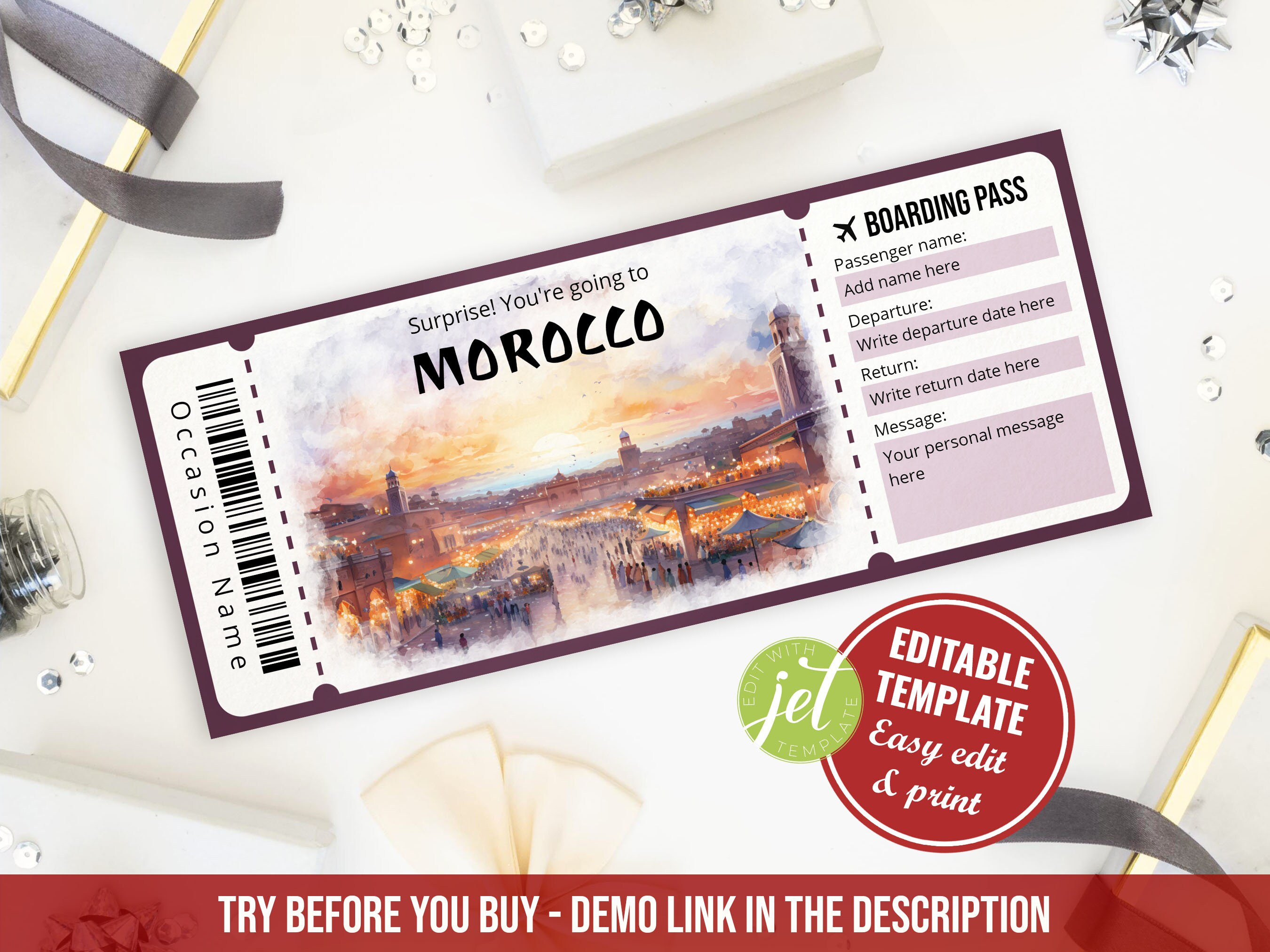 Editable Morocco Boarding Pass Template, Personalized Gift Printable ...