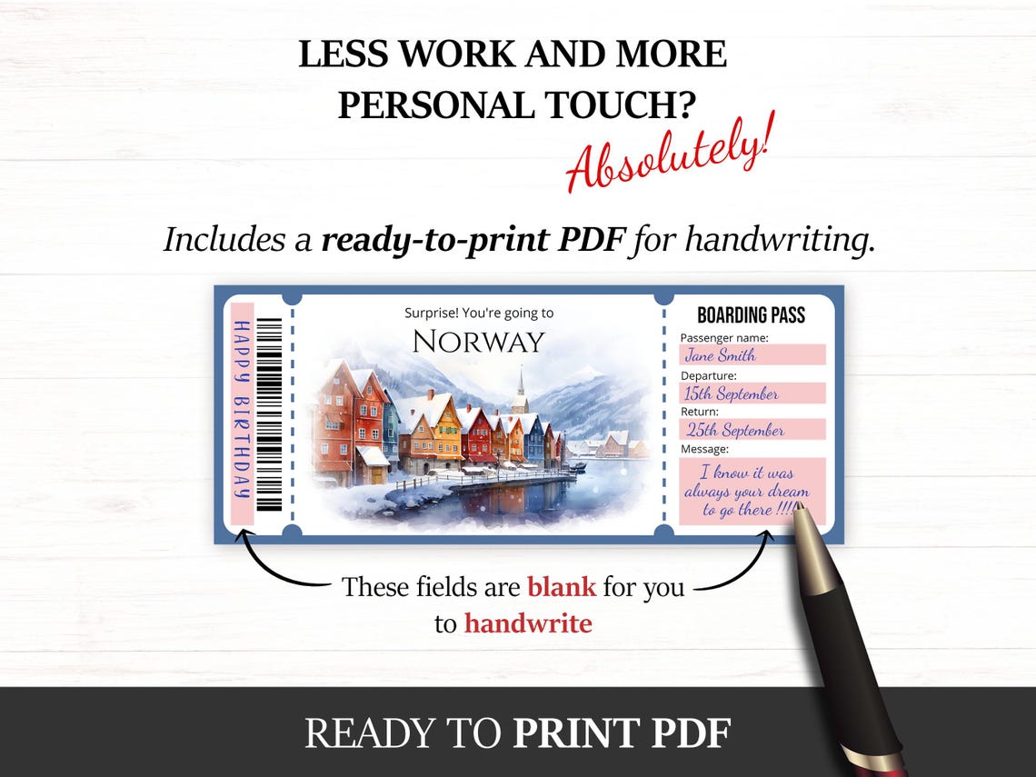 Editable Norway Boarding Ticket Template, Watercolor Surprise Norway ...