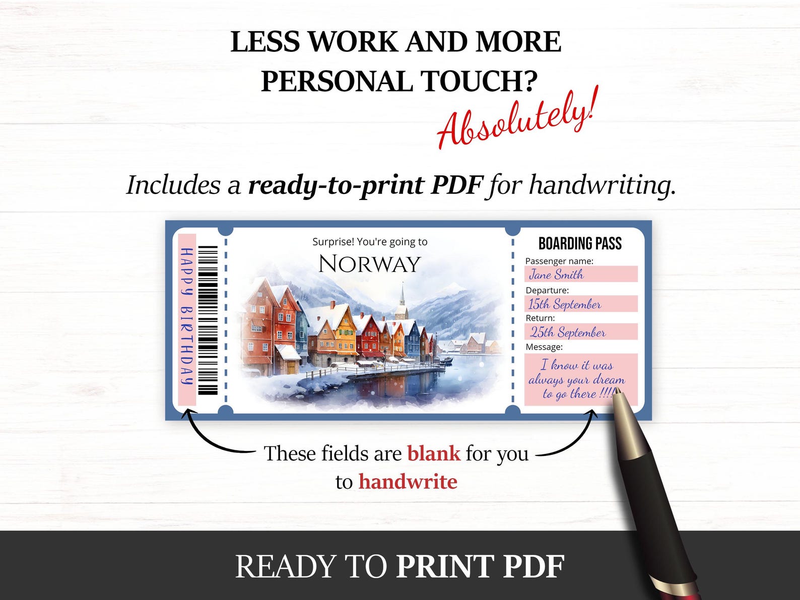 Editable Norway Boarding Ticket Template, Watercolor Surprise Norway ...