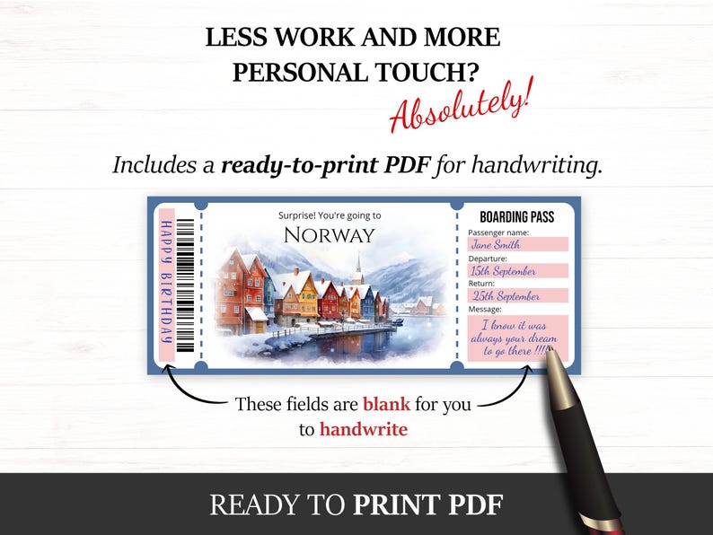 Editable Norway Boarding Ticket Template, Watercolor Surprise Norway ...