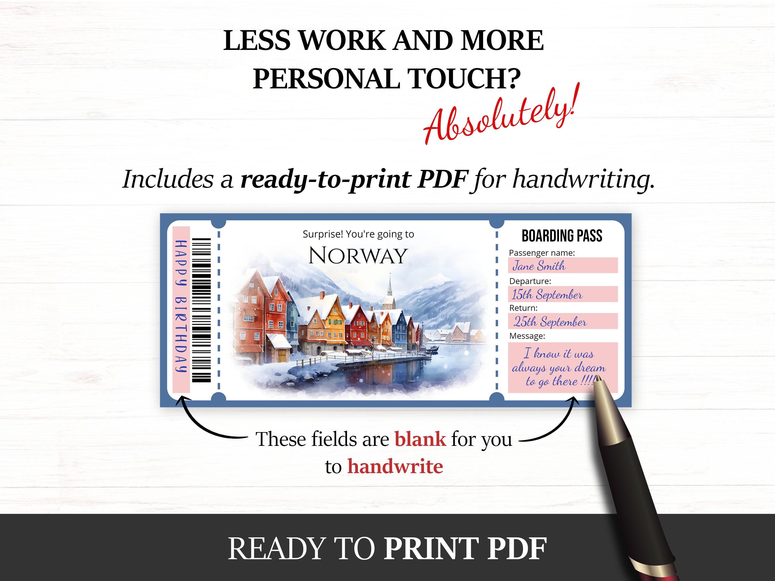 Editable Norway Boarding Ticket Template, Watercolor Surprise Norway ...