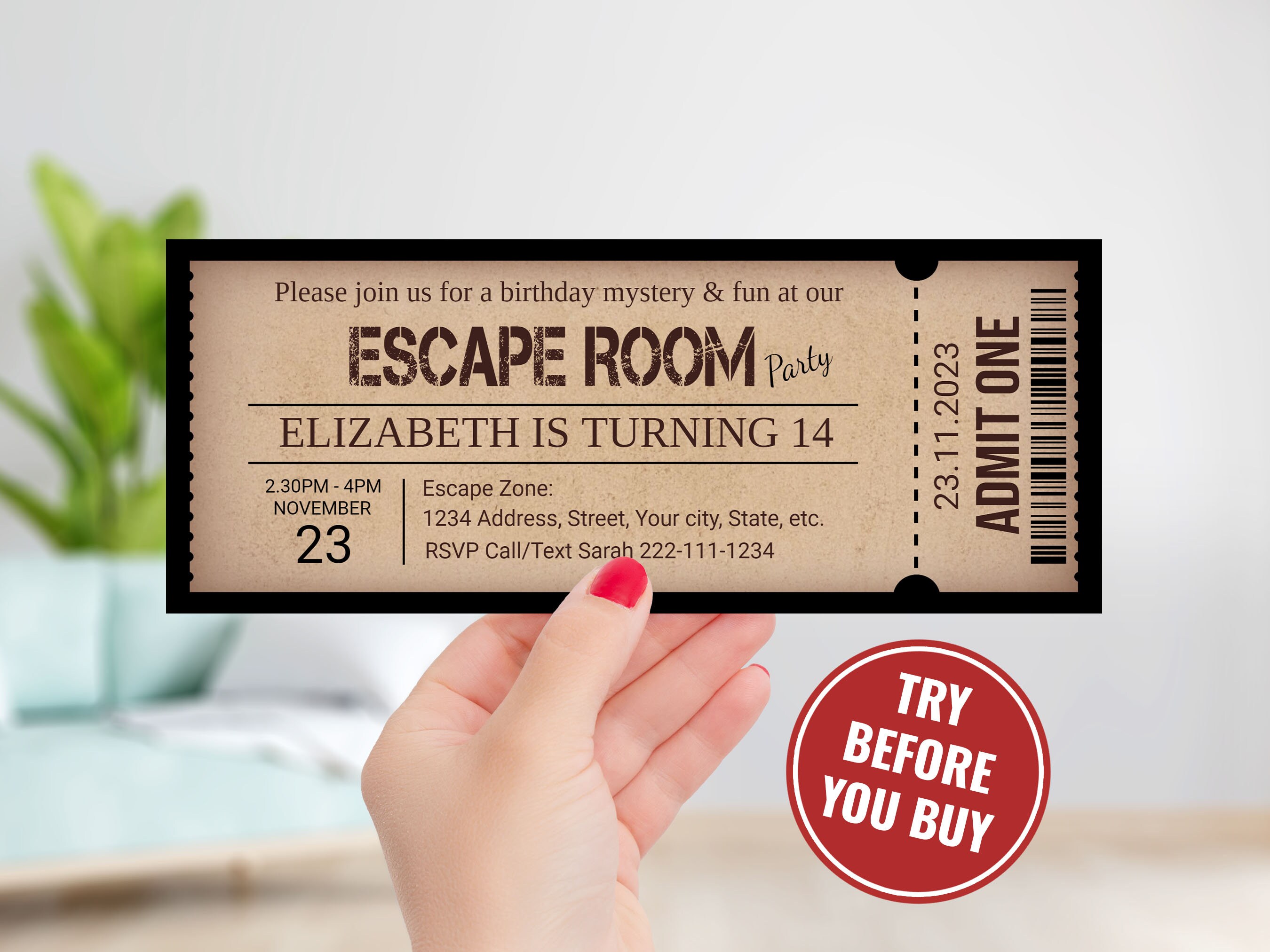Escape Room Birthday Invitation Ticket, Editable Escape Room Invitation ...