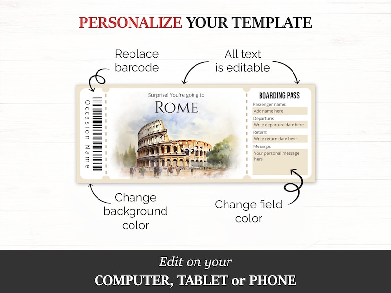 Editable Rome Boarding Pass Template, Surprise Rome Trip Reveal Ticket ...