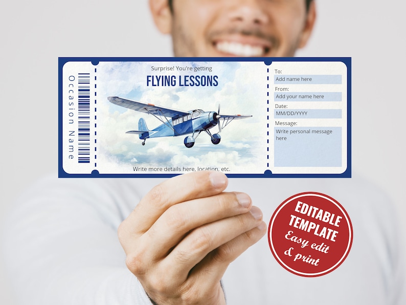 Editable Watercolor Flying Lessons Gift Voucher Template, Surprise ...