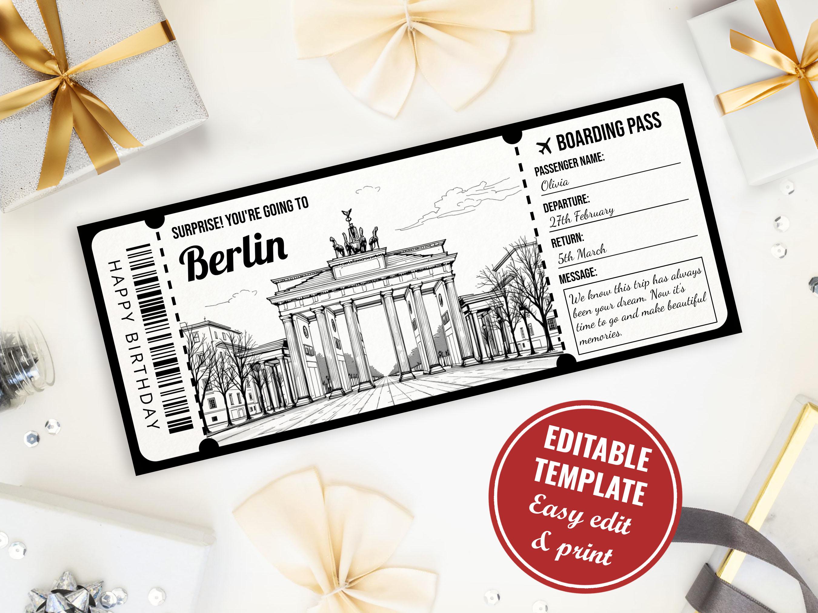 Editable Boarding Pass Berlin Ticket Template, Berlin Surprise Trip ...