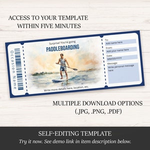 Paddleboarding Ticket Voucher Template for Him, Editable Watercolor ...