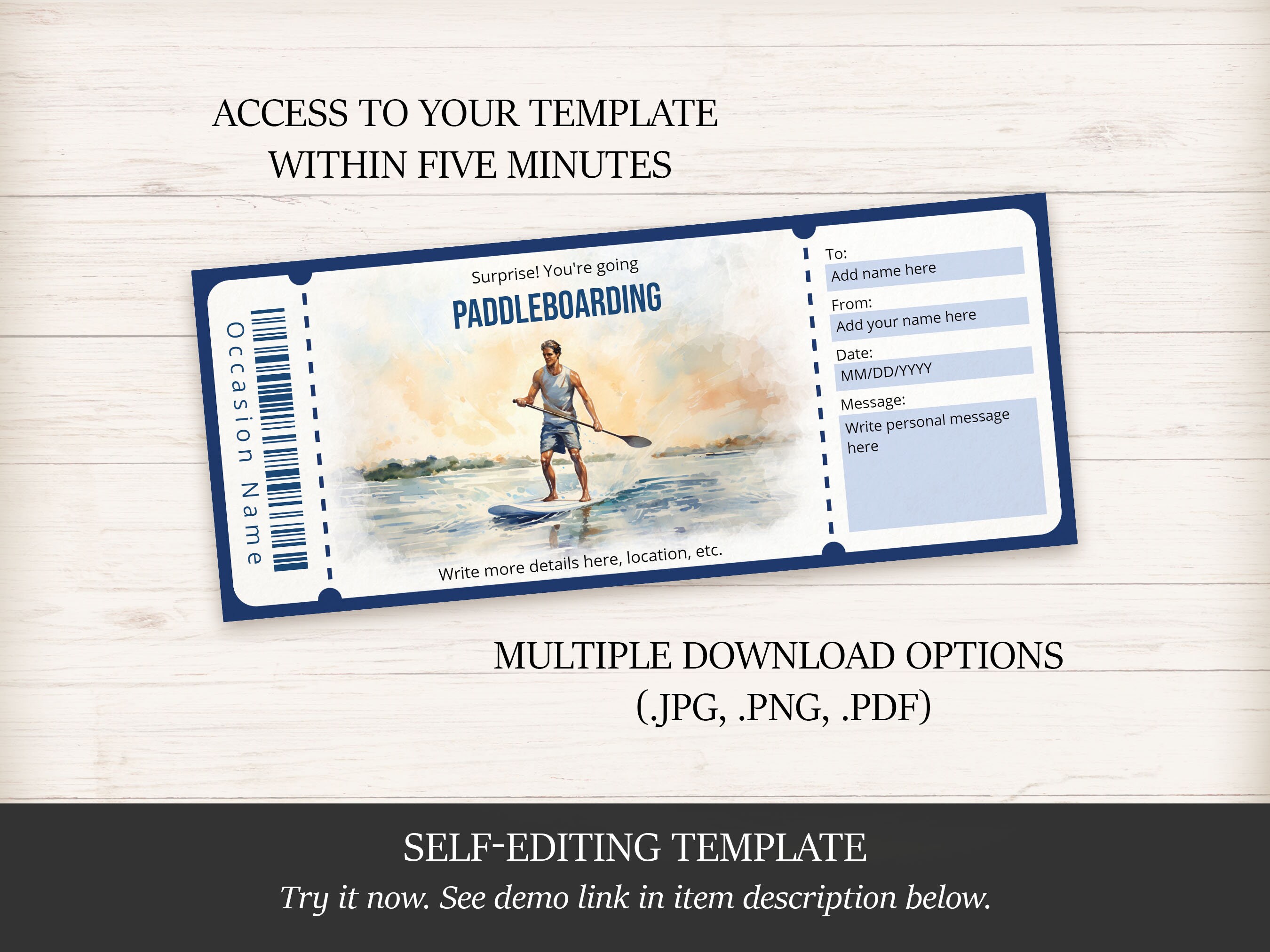 Paddleboarding Ticket Voucher Template for Him, Editable Watercolor ...