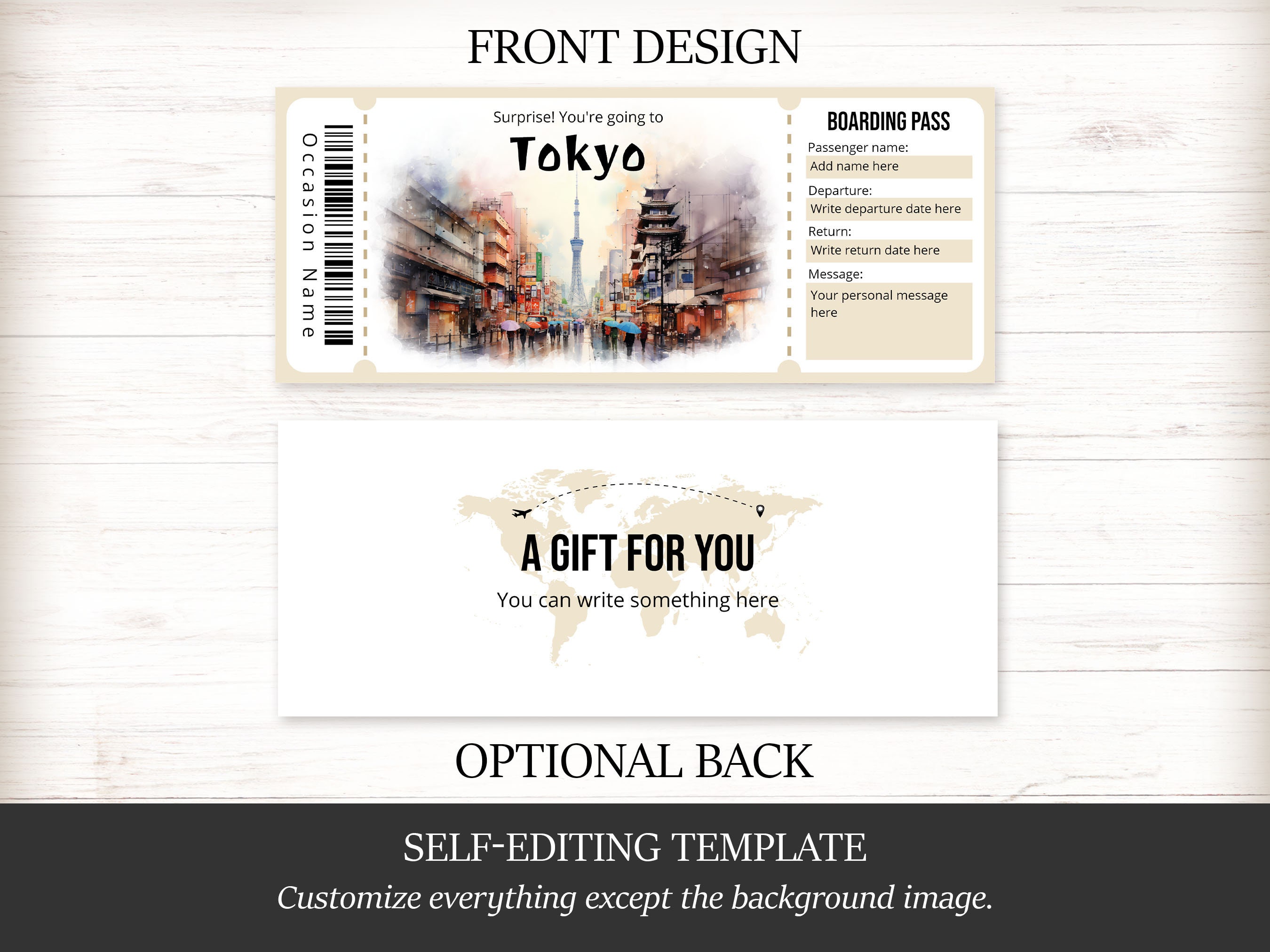 Editable Tokyo Boarding Pass Template, Printable Watercolor Custom ...