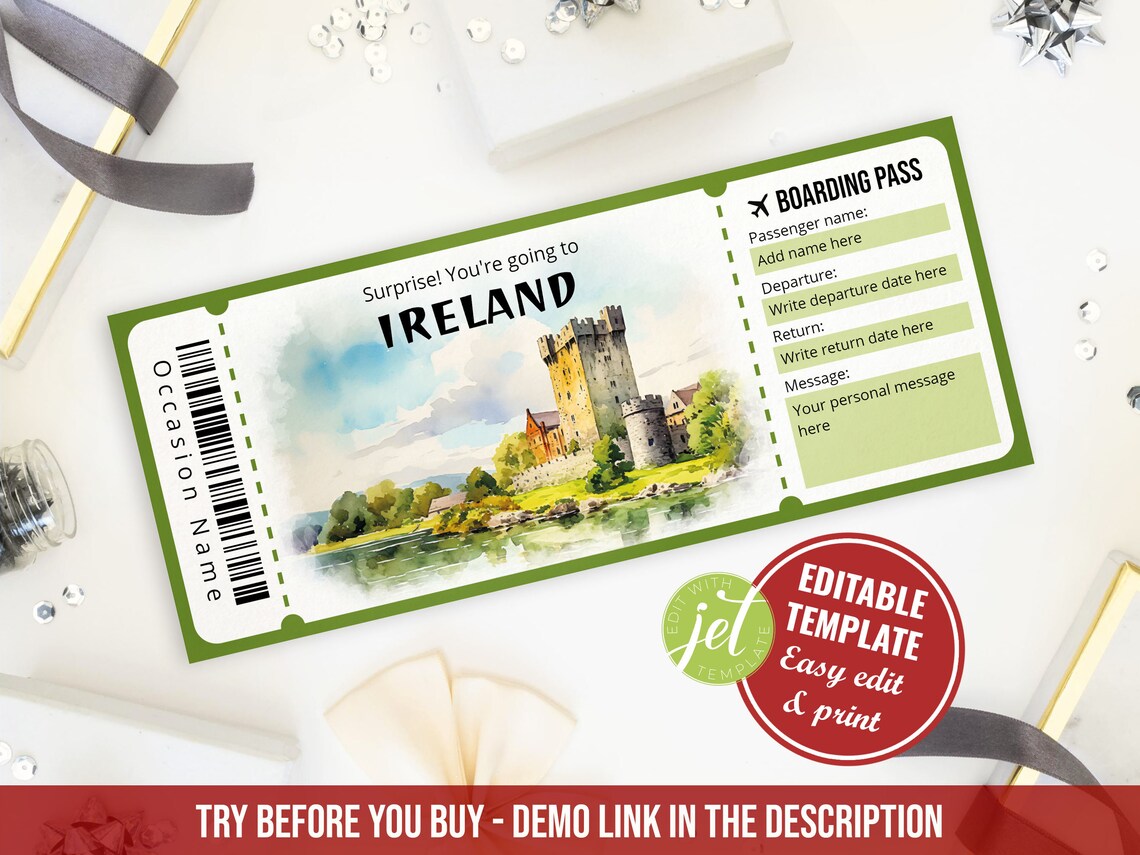 Editable Ireland Boarding Pass Template, Personalized Gift Printable ...