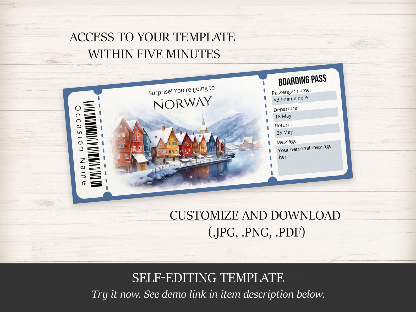 Editable Norway Boarding Ticket Template, Watercolor Surprise Norway ...