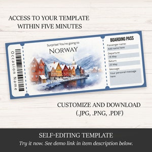 Editable Norway Boarding Ticket Template, Watercolor Surprise Norway ...