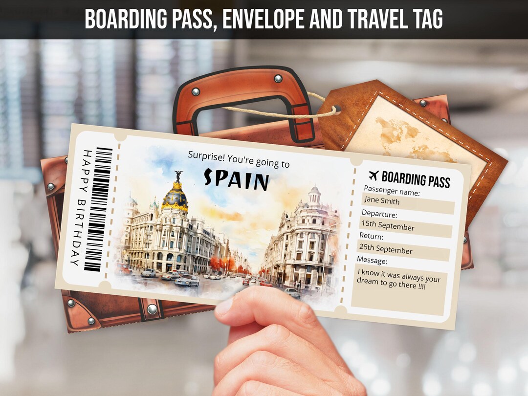 Surprise SPAIN Trip Reveal Gift Ticket Template - Spain Boarding Pass ...