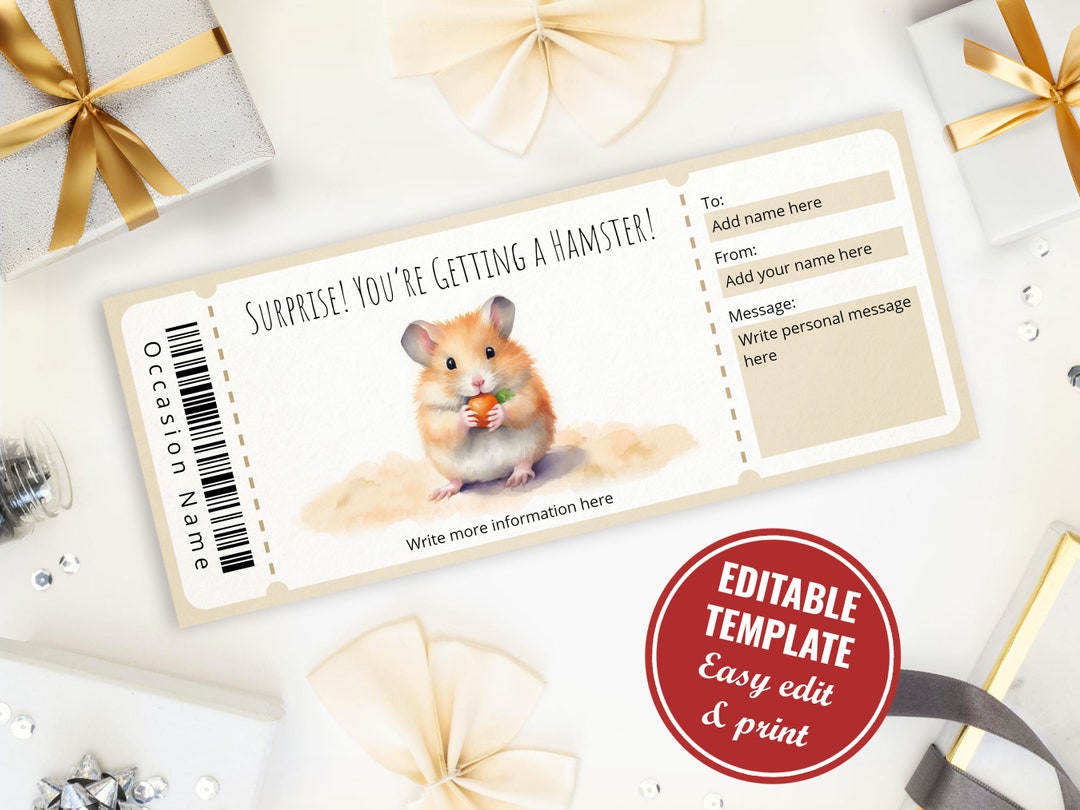 Editable Hamster Gift Certificate Template, Personalized Printable ...