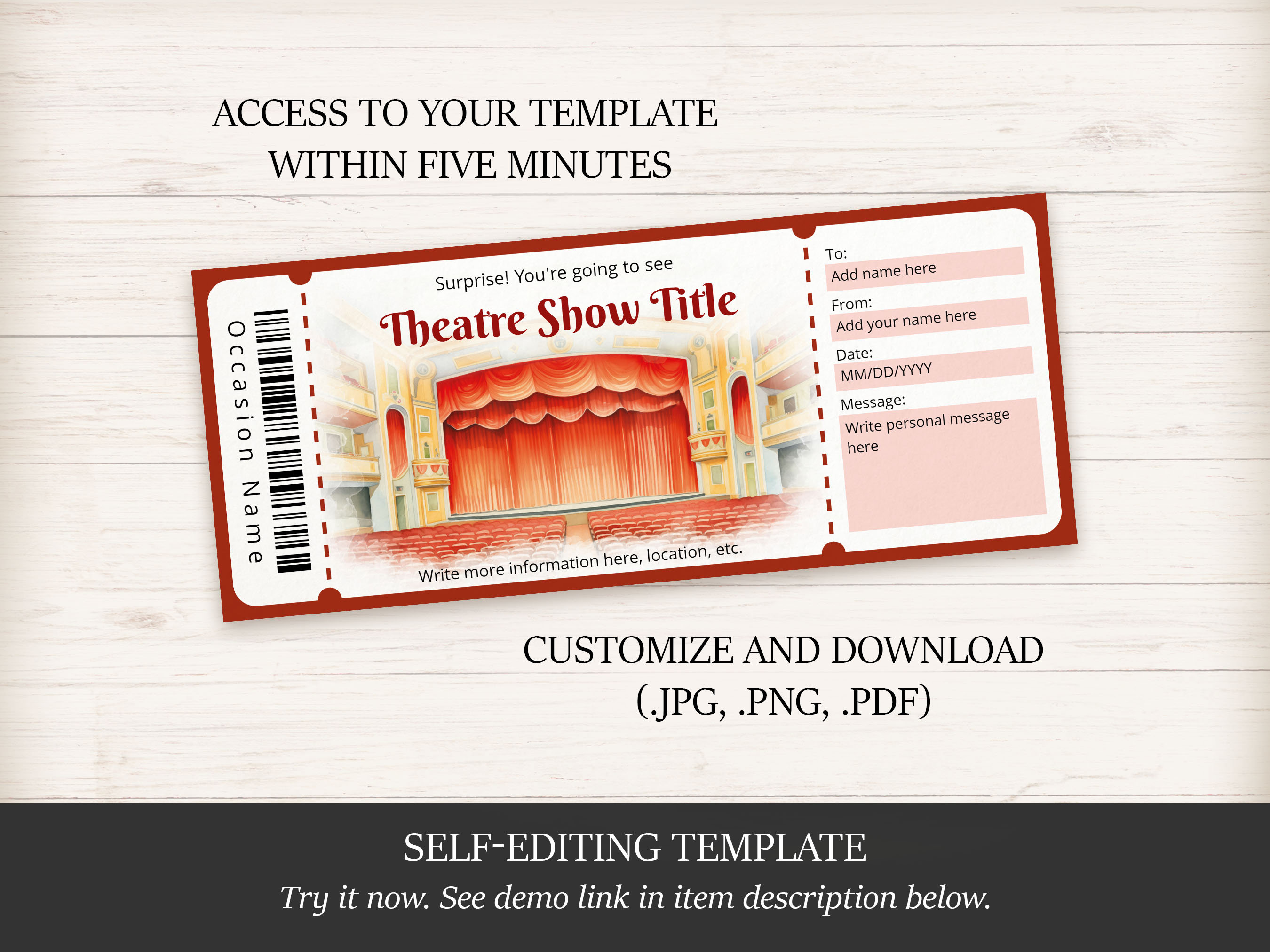 Editable Digital Theatre Ticket Gift Template, Surprise Musical Ticket ...