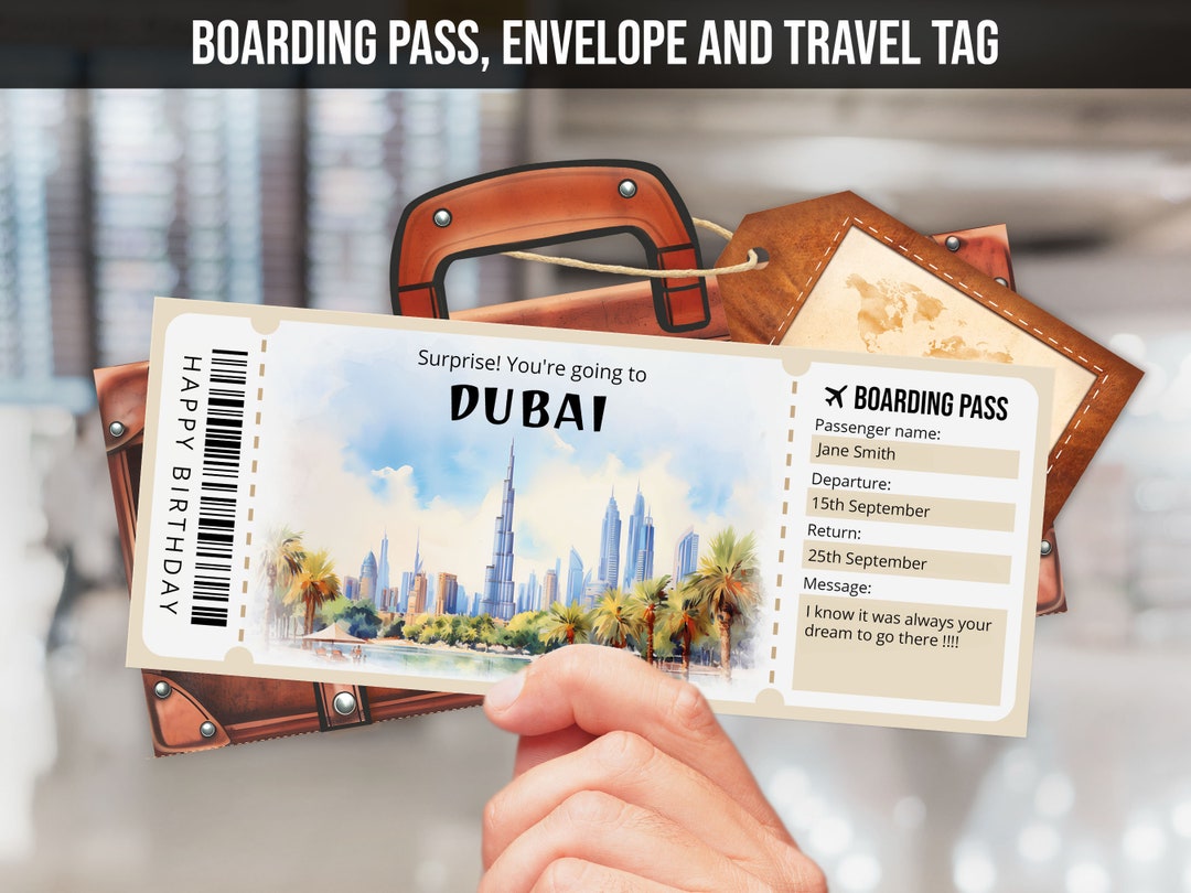 Surprise DUBAI Trip Reveal Gift Ticket Template - Custom UAE Boarding ...