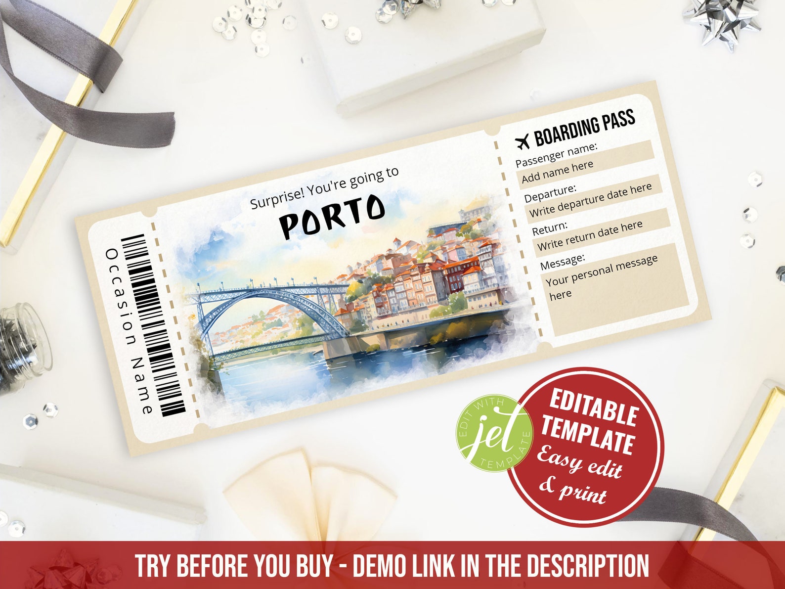 Editable Porto Boarding Pass Template, Personalized Gift Printable ...