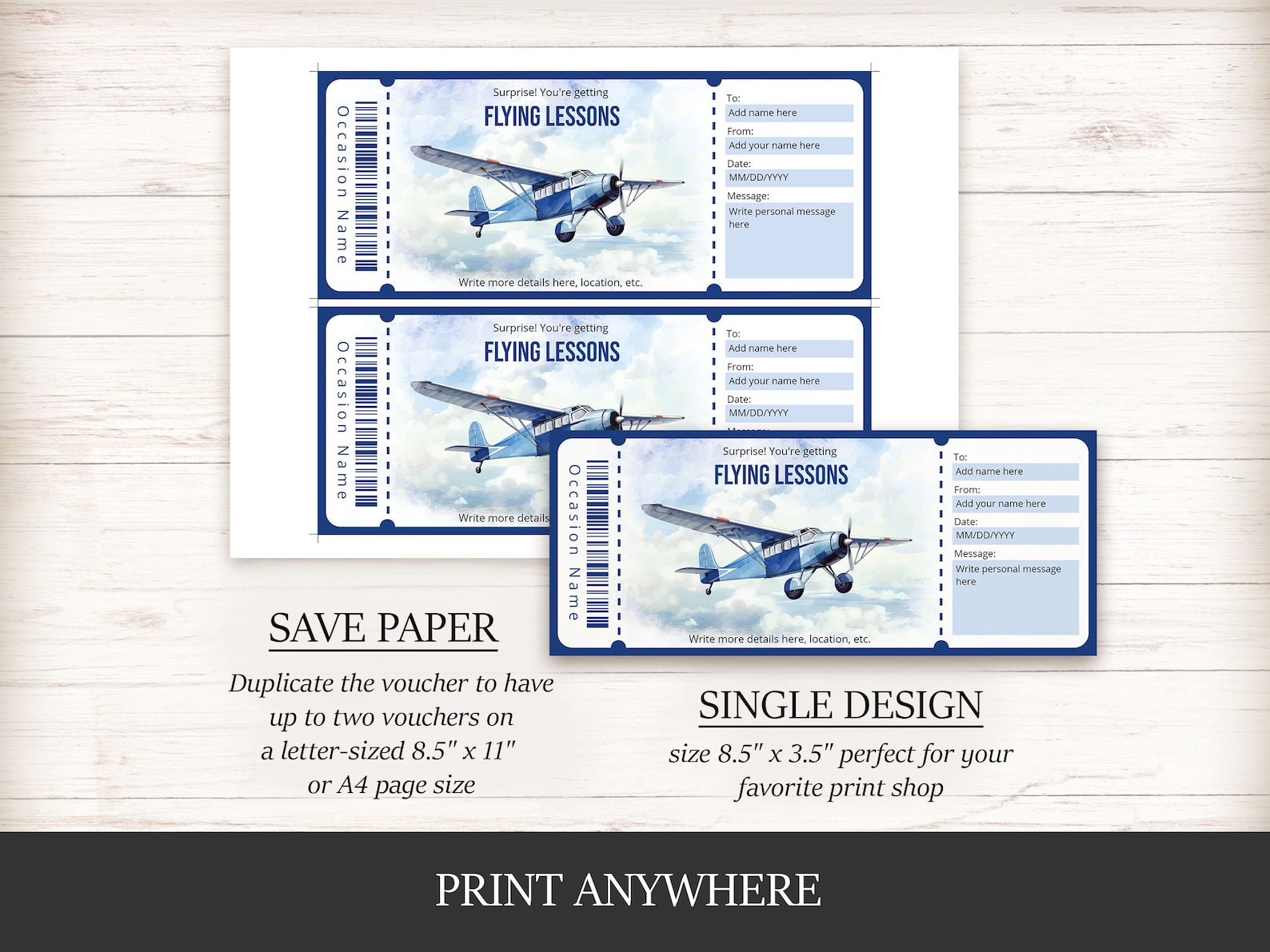 Editable Watercolor Flying Lessons Gift Voucher Template, Surprise ...