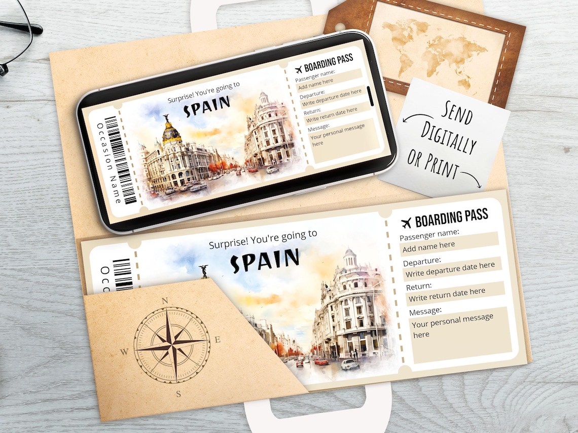 Surprise SPAIN Trip Reveal Gift Ticket Template - Spain Boarding Pass ...