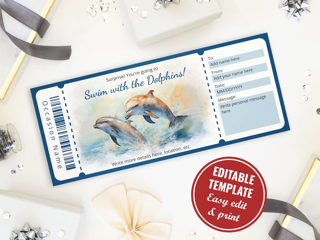 Swimming With Dolphins Gift Voucher Template for Ocean Lover, Editable ...