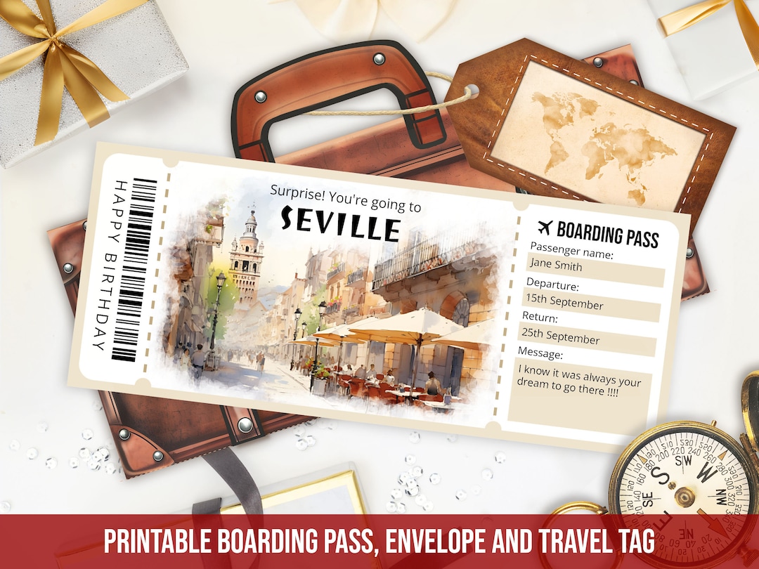 Editable Seville Boarding Pass Template, Personalized Gift Printable ...