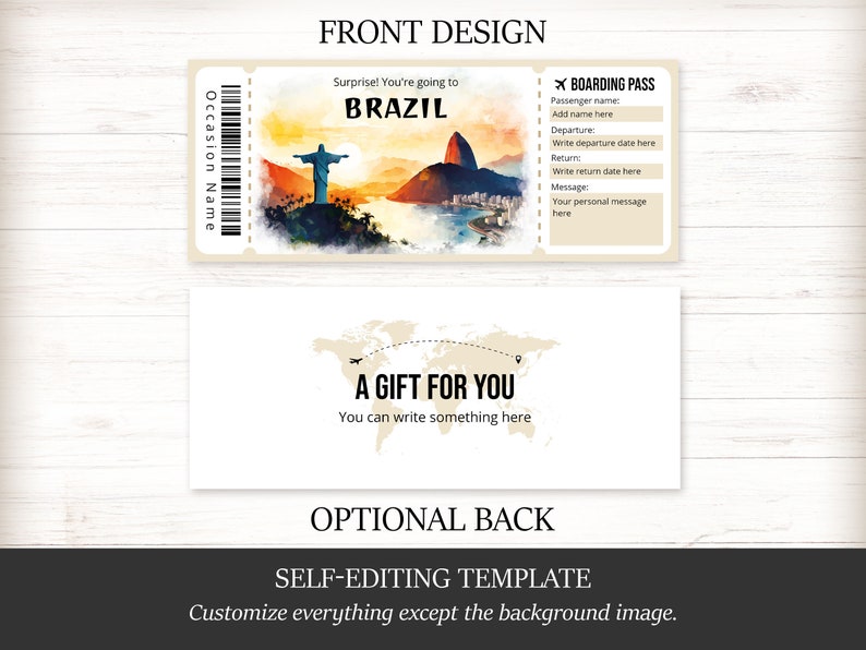 Editable Brazil Boarding Pass Template, Personalized Gift Printable ...