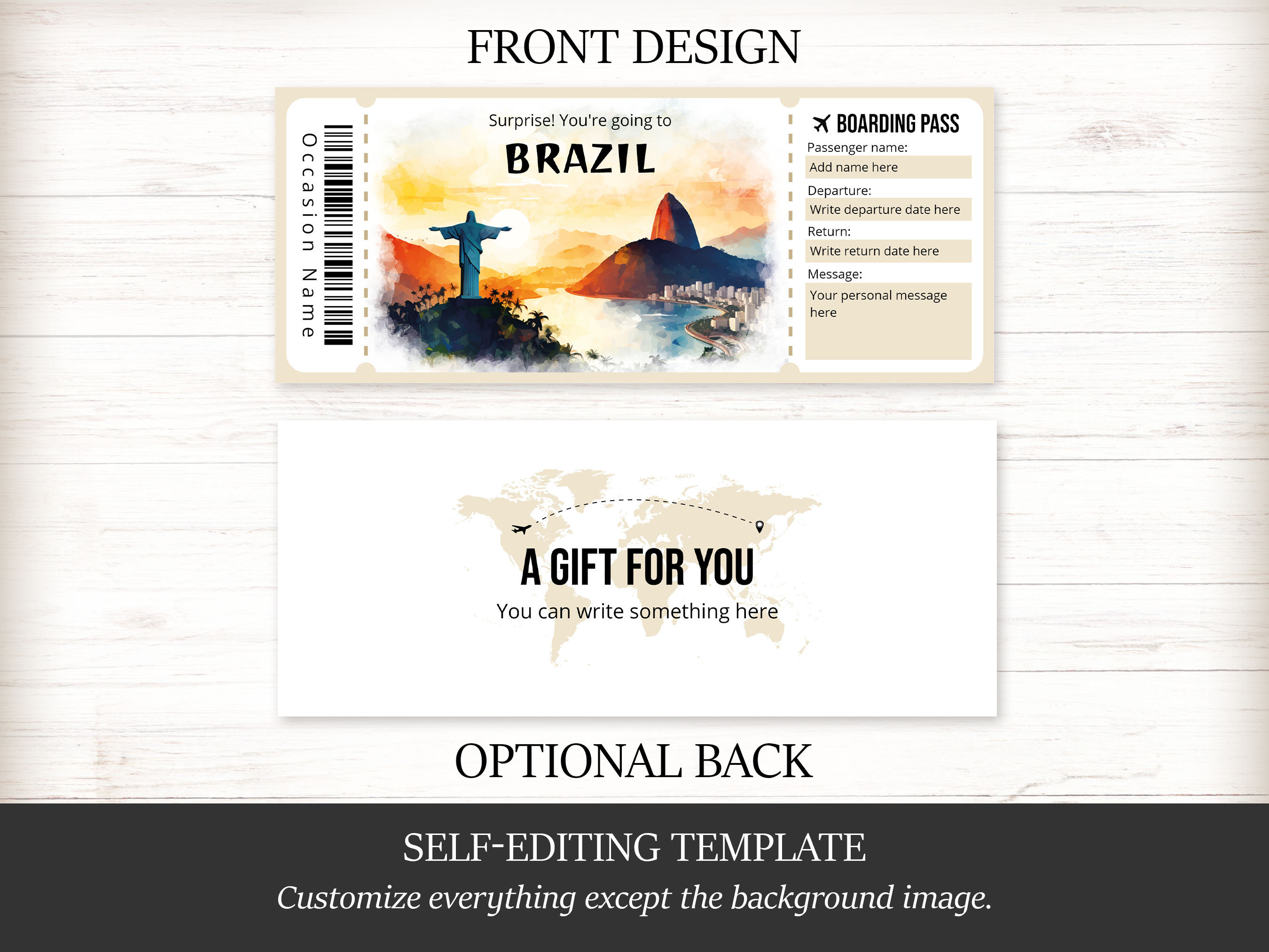 Editable Brazil Boarding Pass Template, Personalized Gift Printable ...