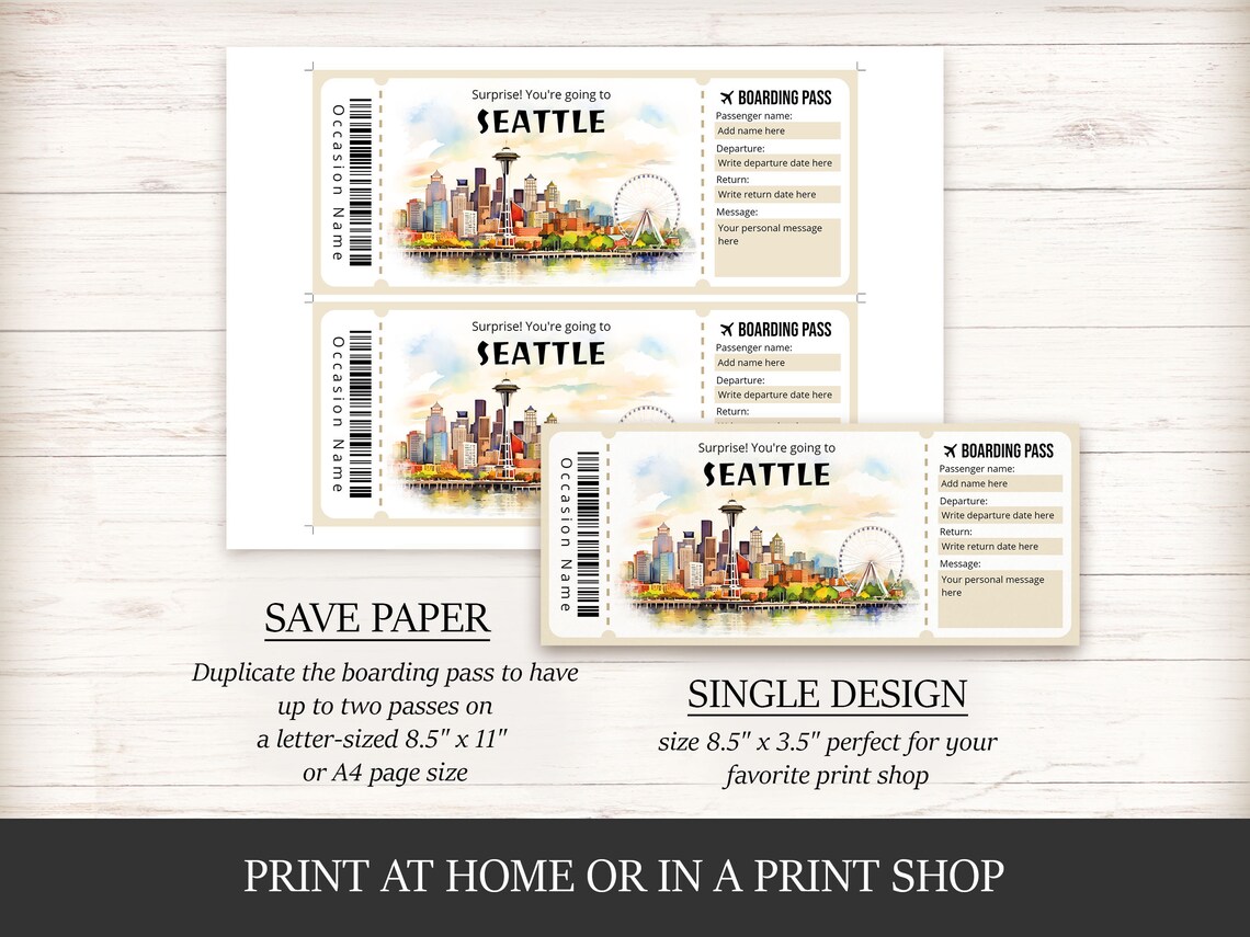 Editable Seattle Boarding Pass Template, Printable SEATTLE Surprise ...