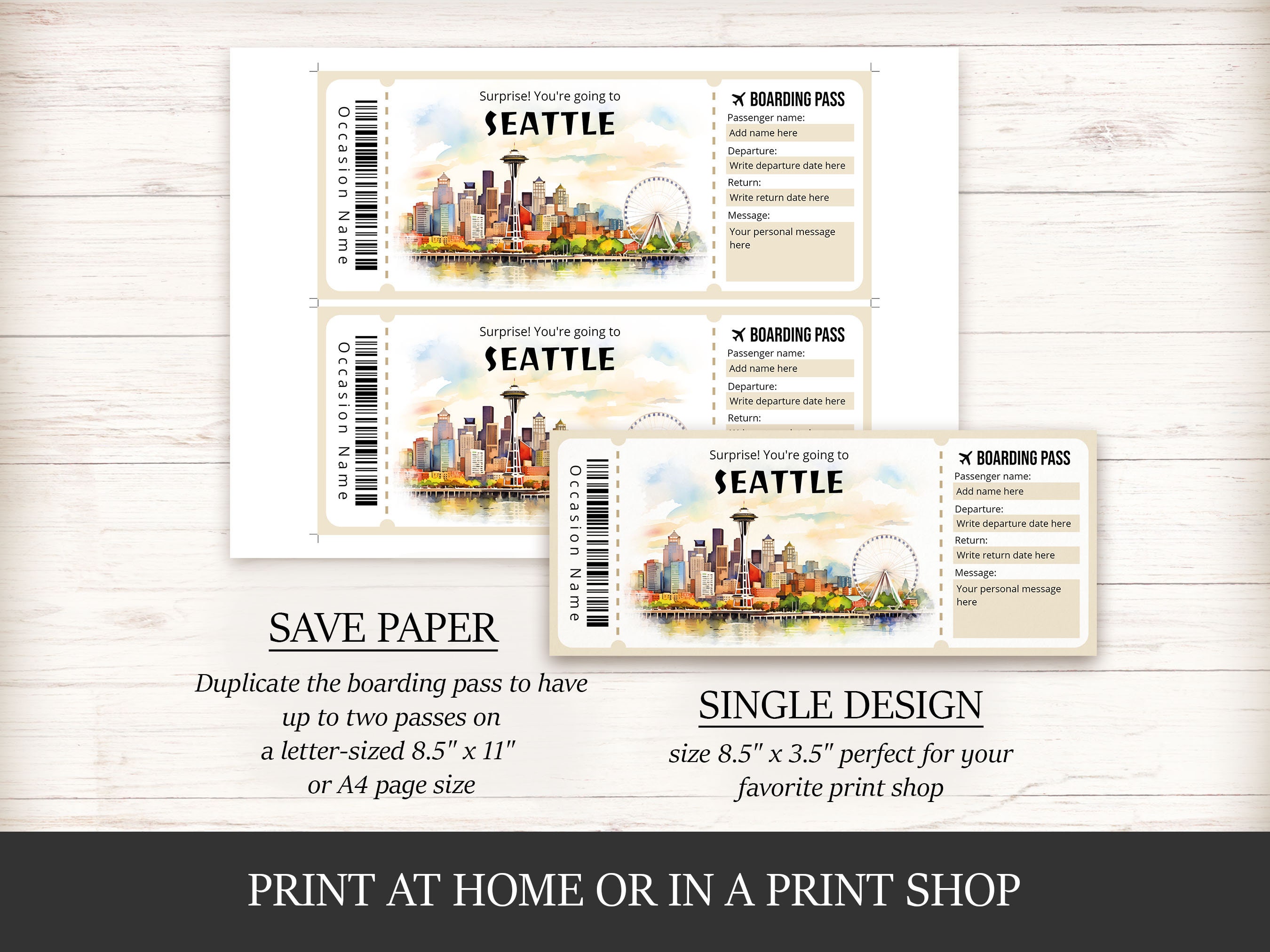 Editable Seattle Boarding Pass Template, Printable SEATTLE Surprise ...