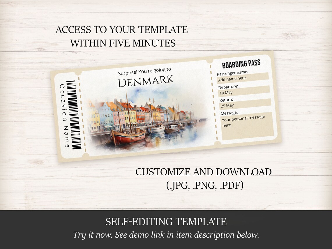 Editable Denmark Boarding Pass Template, Printable Personalized Gift ...