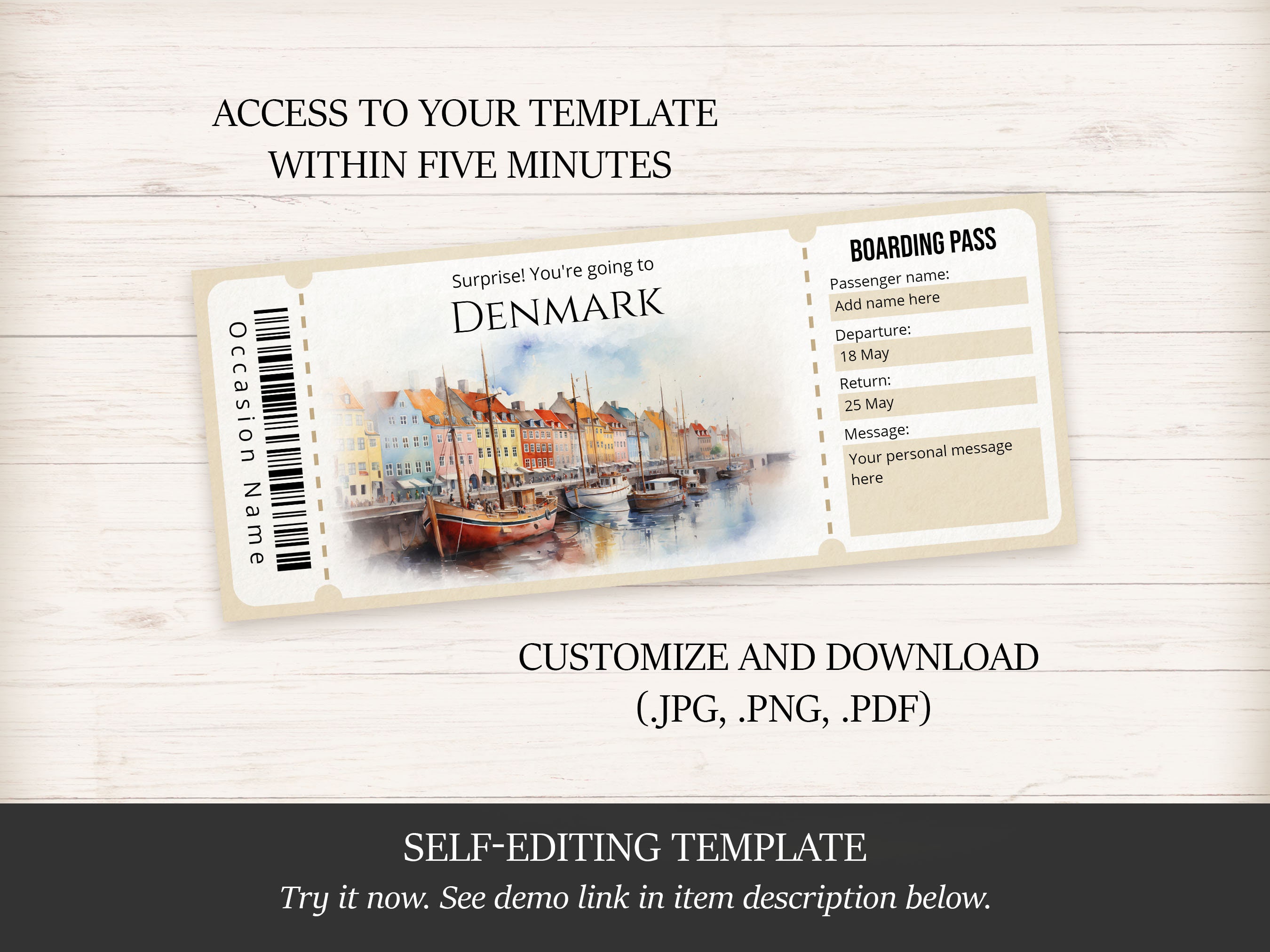 Editable Denmark Boarding Pass Template, Printable Personalized Gift ...