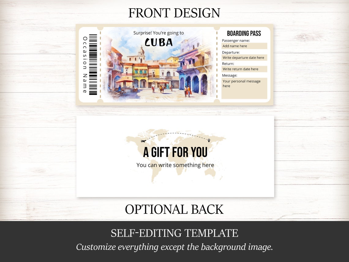 Printable Cuba Boarding Pass Template, Personalized Editable Surprise ...