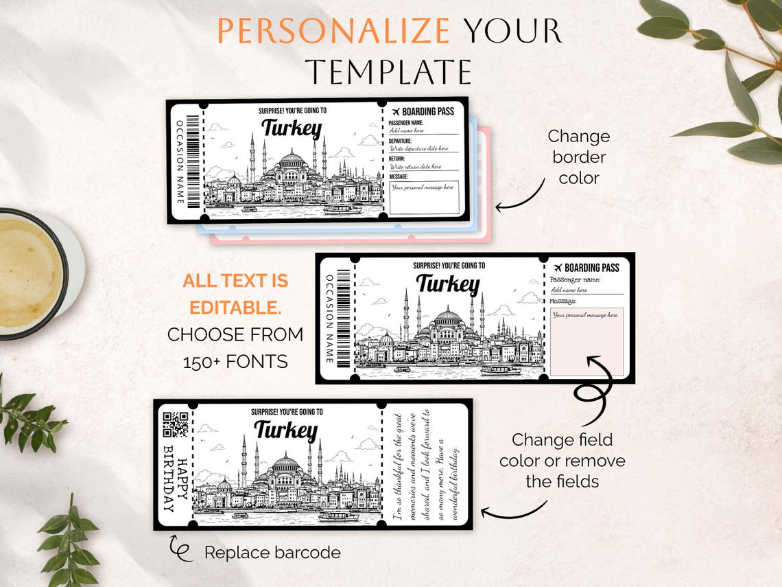 Editable Turkey Boarding Pass Template Printable Turkey Trip Surprise ...