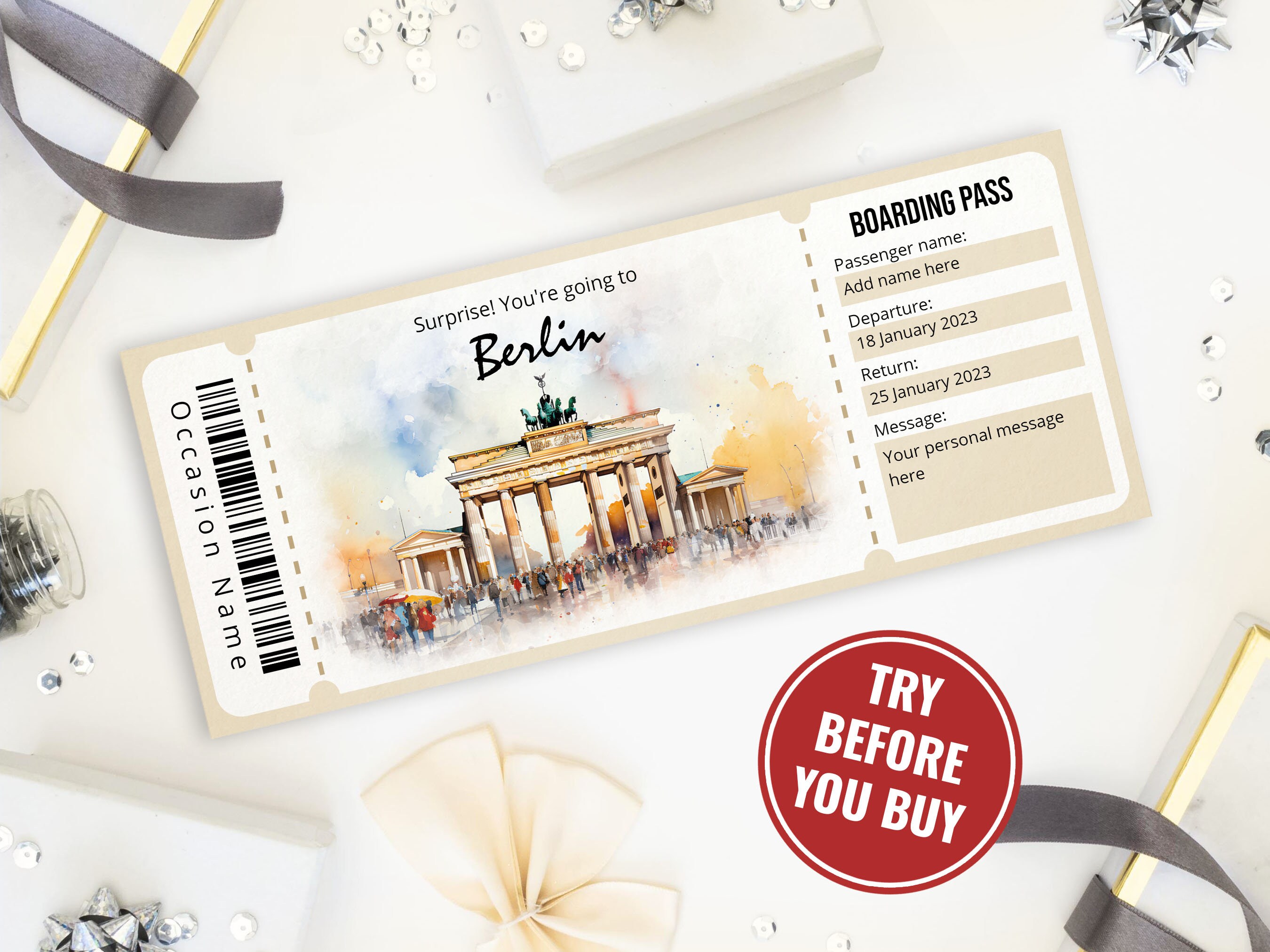 Editable Berlin Boarding Pass Template, Watercolor Germany Boarding ...