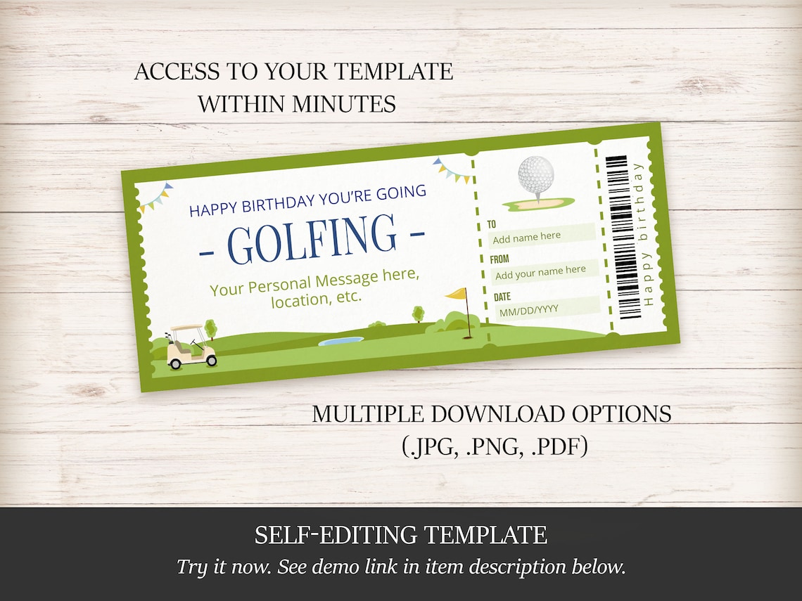 Surprise Printable Golf Ticket Voucher Template, Golf Birthday Gift ...