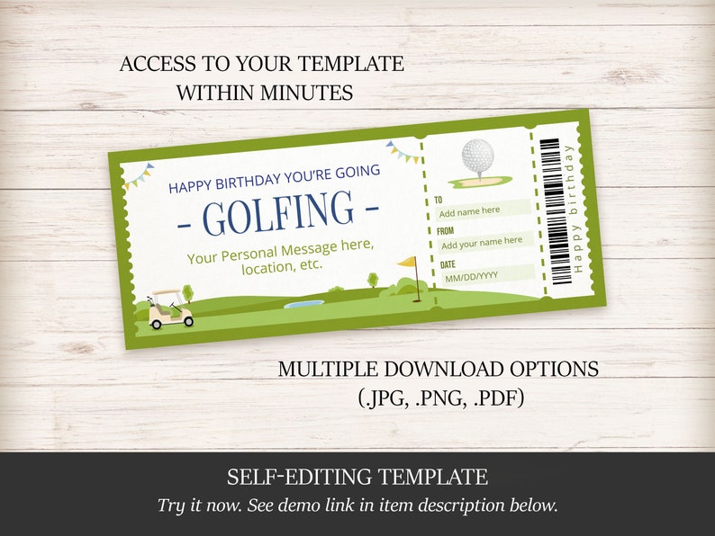 Surprise Printable Golf Ticket Voucher Template, Golf Birthday Gift ...