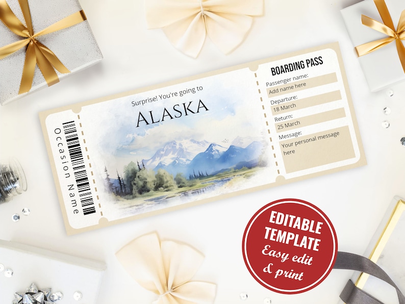 Editable Alaska Boarding Pass Ticket Template Surprise Gift - Etsy