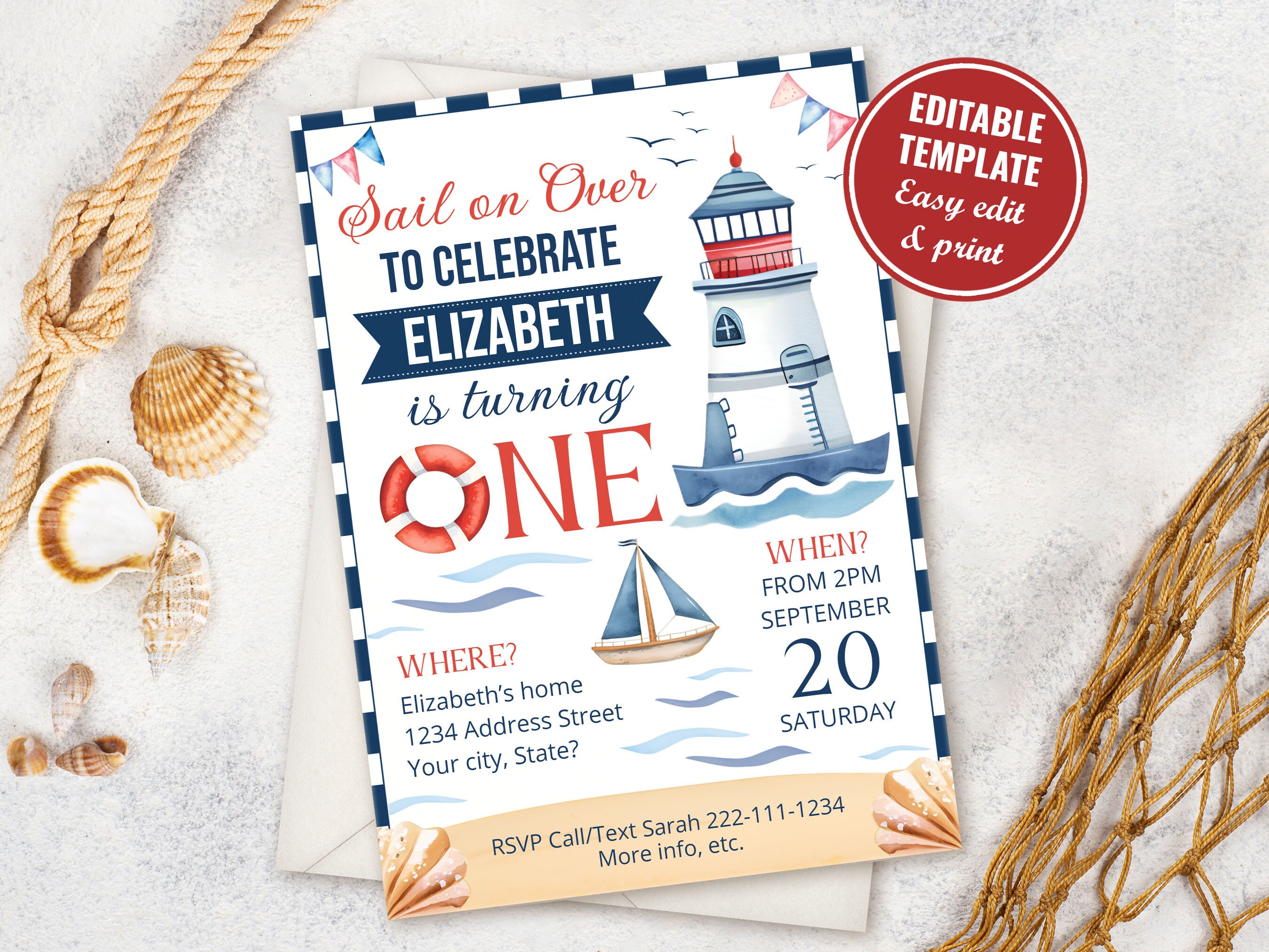 Nautical 1st Birthday Invitation Template, Nautical Birthday Party ...