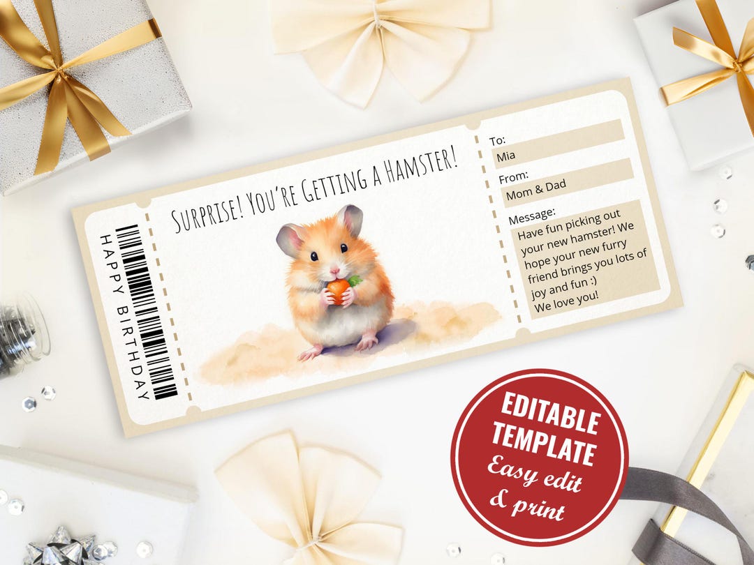 Editable Hamster Gift Certificate Template, Personalized Printable ...