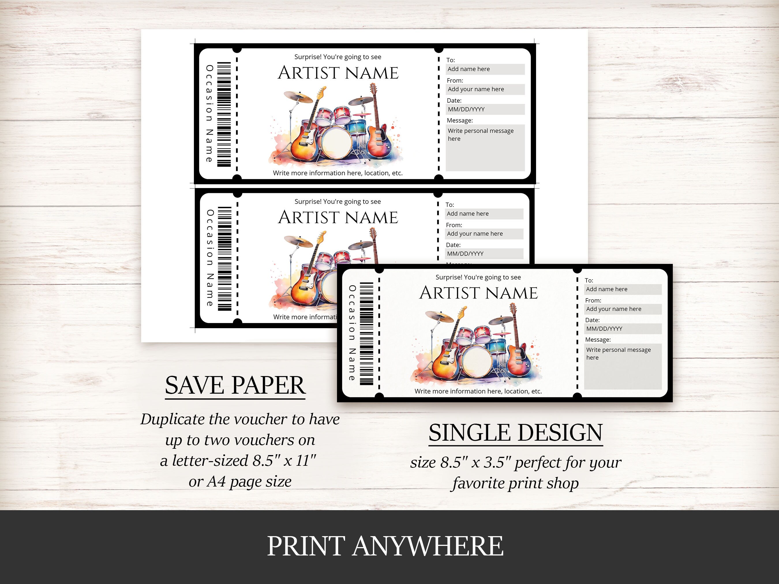 Editable Concert Ticket Template, Printable Custom Concert Ticket Gift ...