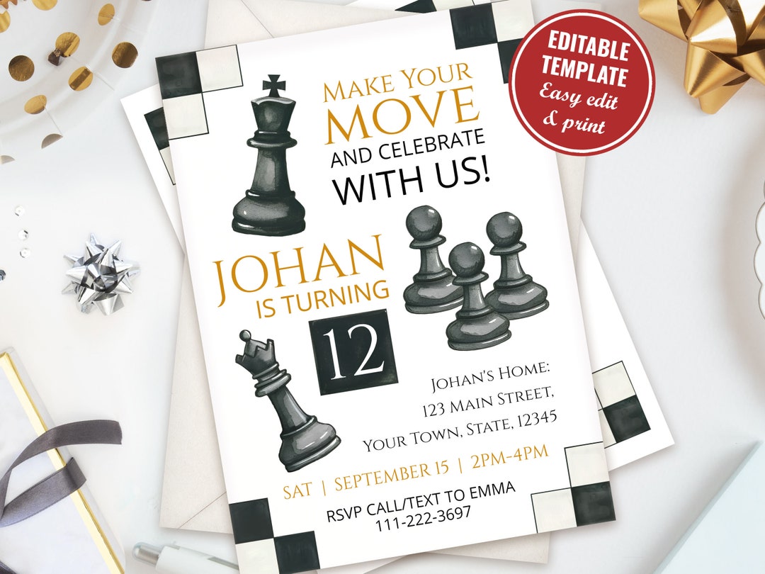 Editable Chess Birthday Invitation Template for Chess Lover, Chess ...