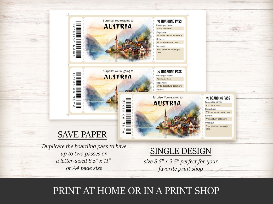 Editable Austria Boarding Pass Template, Personalized Gift Printable ...