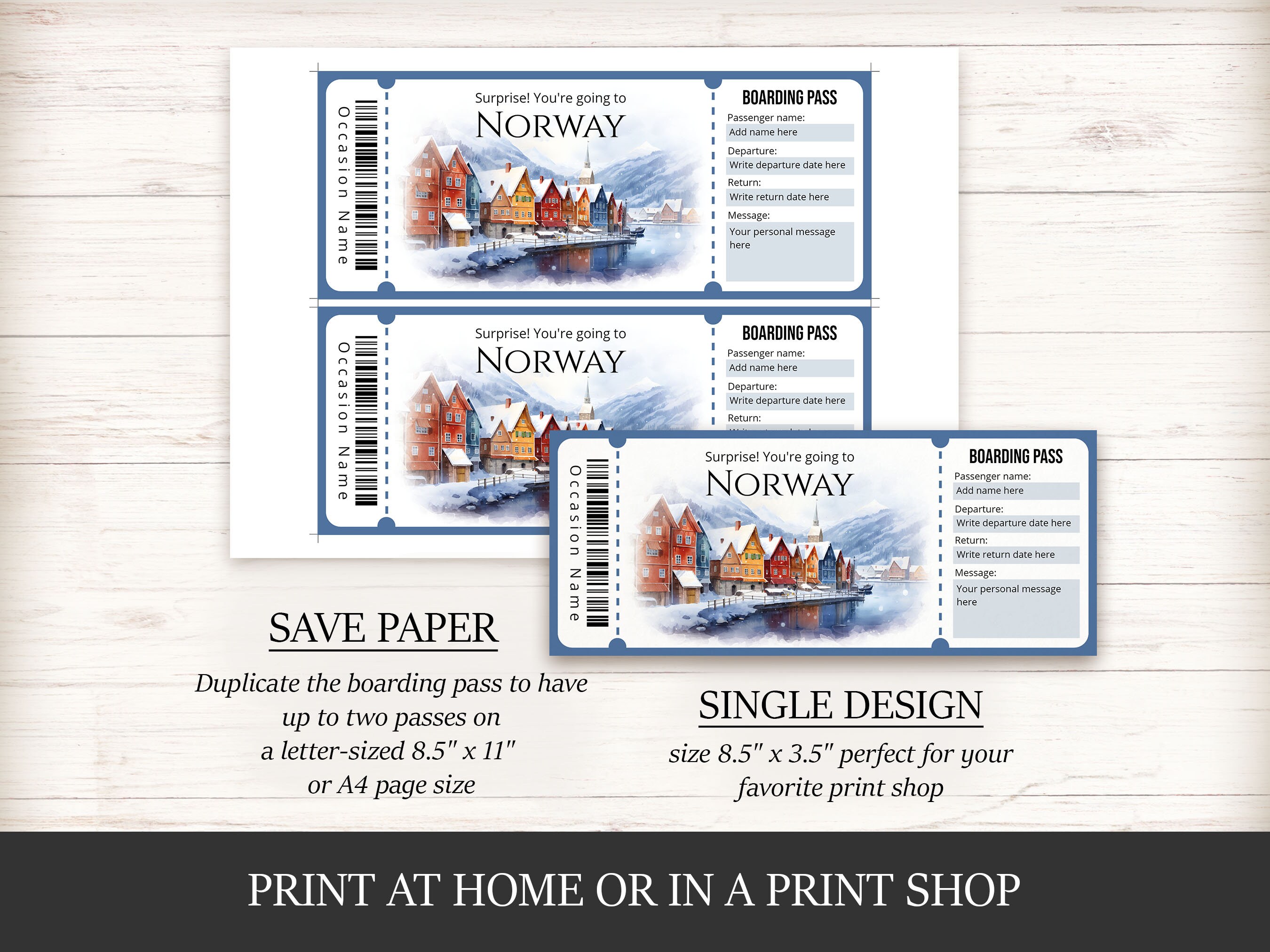Editable Norway Boarding Pass Template, Personalized Printable Surprise ...
