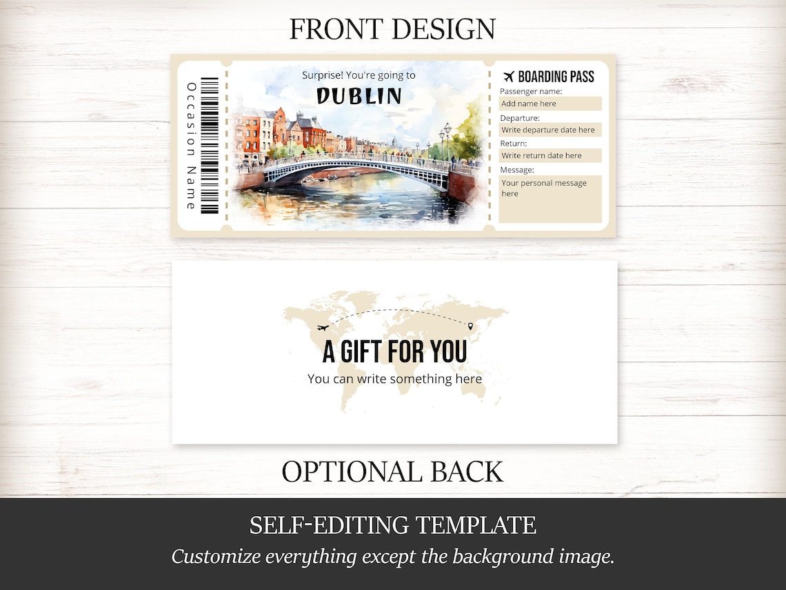 Editable Dublin Boarding Pass Template, Personalized Gift Printable ...